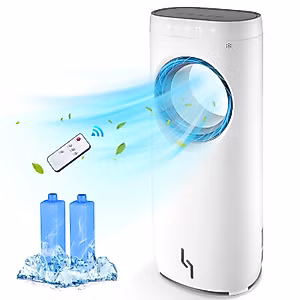 Evaporative Air Cooler - Trustech Portable Air Cooler, Cool & Humidifying with 3 Speeds, 12H Timer Evaporative Cooler, Bladeless Fan Ice Boxes Contained, Remote Control Tower Fan for Large Room Office