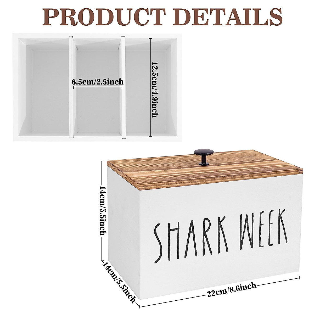 Tampon Holder for Bathroom, Farmhouse Pad Orgainzier Container, Rustic Wood Bathroom Storage Bin with Lid, Movable Partition Feminine Product Organizer, Tampon Storage Container (White &Wood Lid)