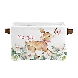 Joyestore Floral Deer Pink Butterfly Personalized Storage Bins ,Baskets Cubes Organizer with Handle for Shelves Closet Nursery Toy 1 Pack