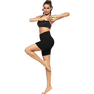 PERSIT Women's High Waist Print Workout Yoga Shorts with 2 Hidden Pockets, Non See-Through Tummy Control Athletic Shorts Black