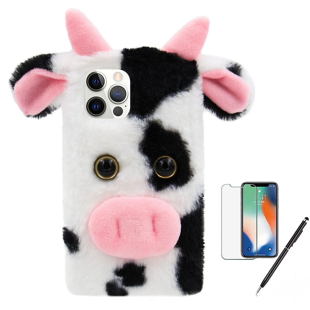 Girlyard Milk Cow Case for iPhone 8 Plus / 7 Plus, Cute 3D Cartoon Dairy Cattle Fluffy Hairy Silicone Cover Fuzzy Warm Faux Stuffed Plush Doll Soft Furry Protective Shell for Women Girls - Black