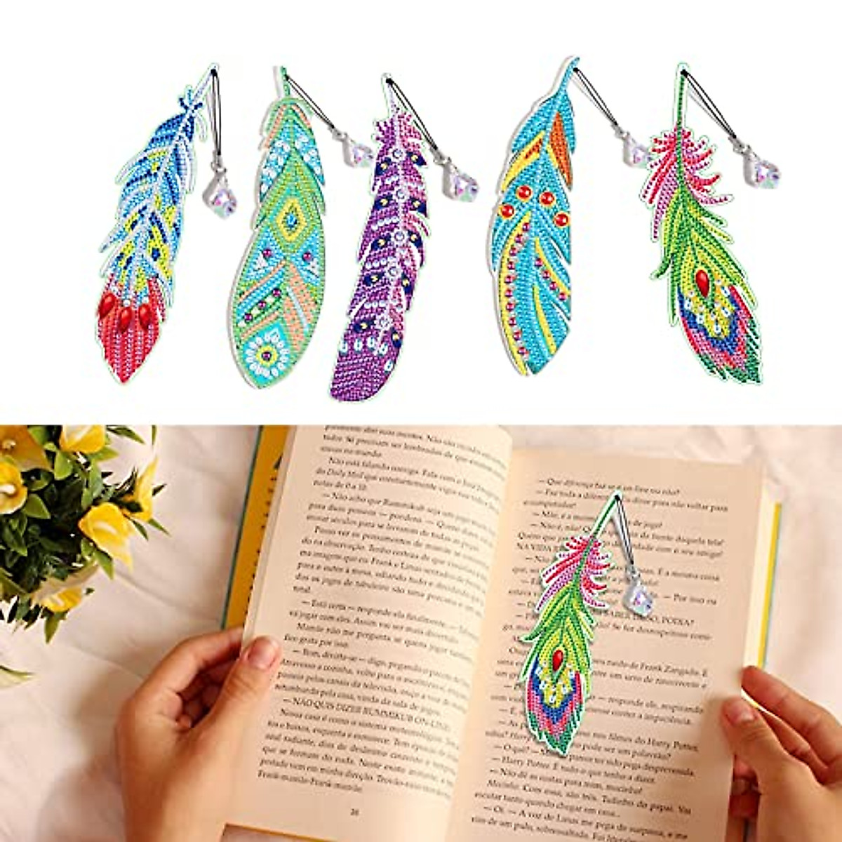 5D Diamond Painting Bookmarks, 12 Pcs DIY Crystal Feather Bookmark, Rhinestone Feather Bookmarks Kits with Crystal Pendant for Kids Adults Home Class Craft School Supplies, 12 Styles
