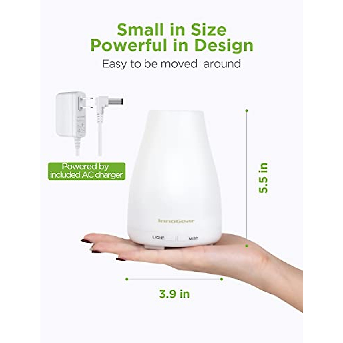 InnoGear Essential Oil Diffuser, Upgraded Diffusers for Essential Oils Aromatherapy Diffuser Cool Mist Humidifier with 7 Colors Lights 2 Mist Mode Waterless Auto Off for Home Office Room, Basic White