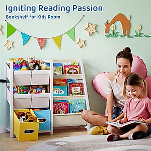 Kids Bookshelf Toy Storage Organizer - Book Shelf for Kids Rooms, 6 Toy Bins for Kids Organizer and 3 Sling Kids Bookcase, Toddler Baby Montessori Nursery Bookshelf Childrens Book Rack Display