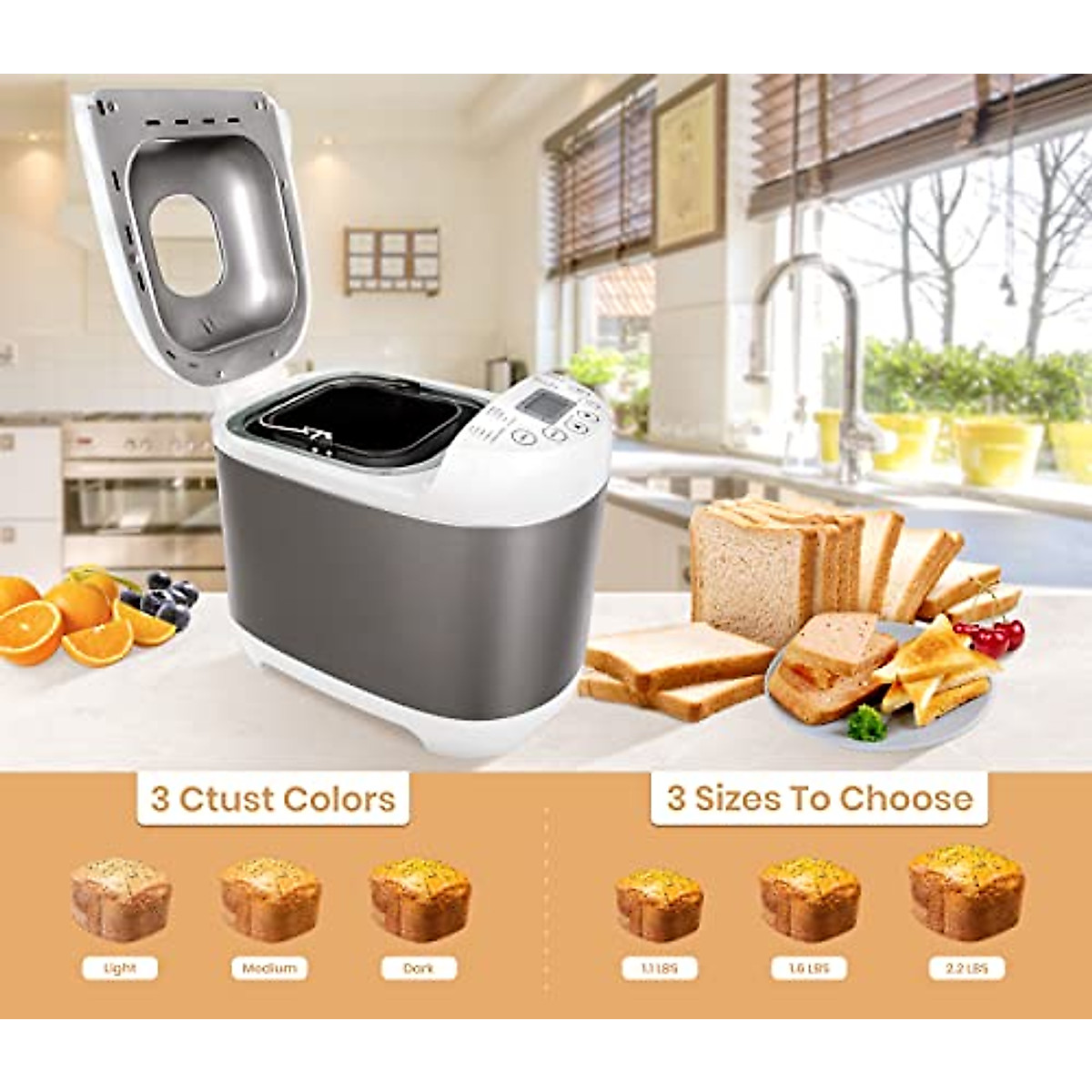 Sybo BM8501 Pro Bread Machine, 2 LB 19-in-1 Programmable XL Bread Maker Nonstick Pan & Digital Touch Panel, 3 Loaf Sizes 3 Crust Colors, Reserve & Keep Warm Set