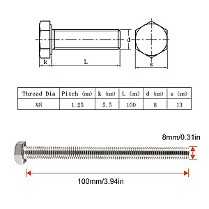 10PCS M8 Hex Bolt, Stainless Steel M8-1.25 x 100mm Hex Head Screw Bolts, A2-70(304) Fully Threaded Hex Tap Bolts