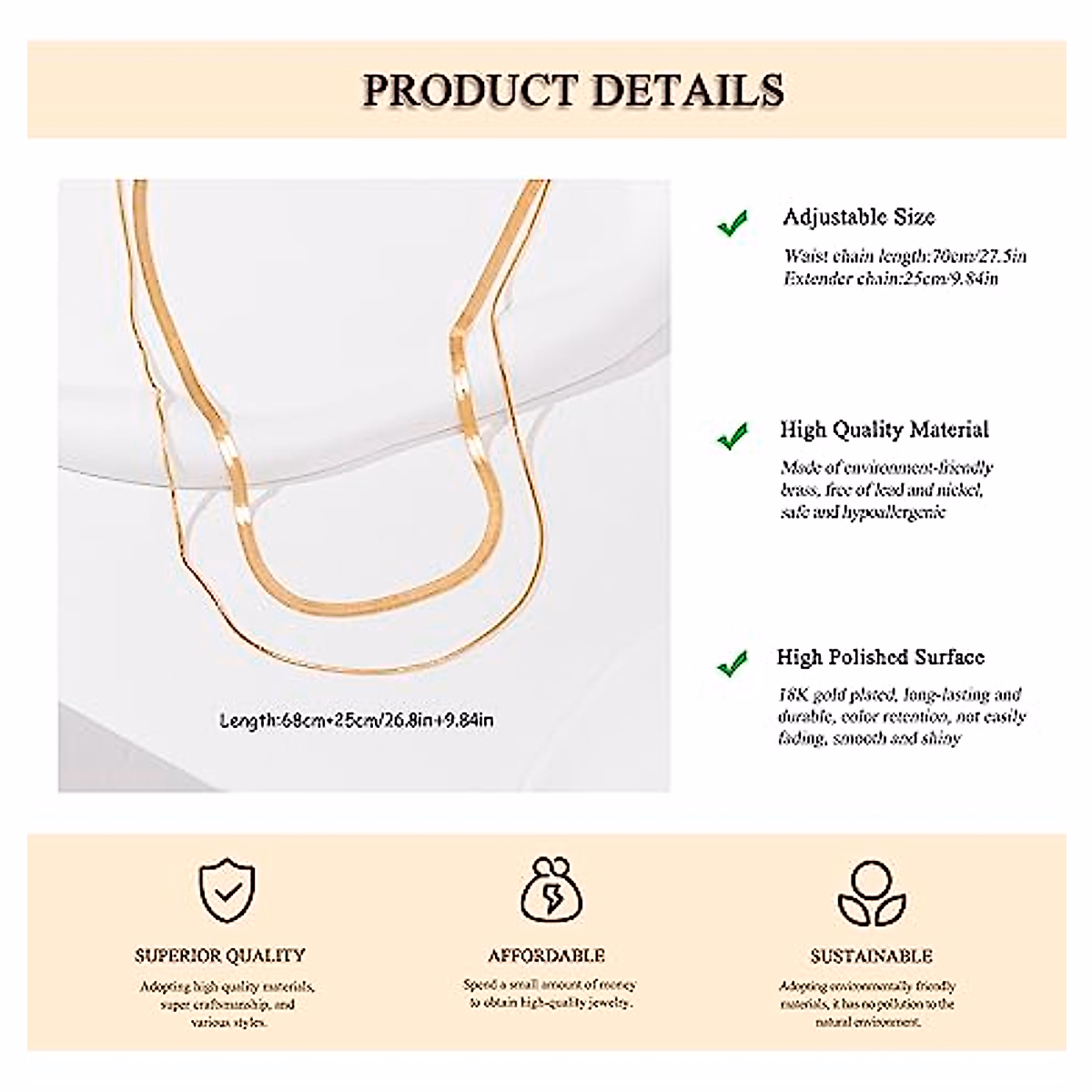 18K Gold Plated Waist Chain Summer Bikini Belly Chain Layered Herringbone Snake Belly Chains for the Waist Adjustable Plus Size Sexy Body Waist Chains for Women 27.5-37.3Inch (Simple Herringbone)