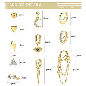 OPFIV 11 Pairs 14K Gold Plated Cartilage Studs Earrings and Hoops Set for Multiple Piercing Hypoallergenic Dainty Star Moon Evil Eye CZ Ball Chain Hoop Dangle Earrings for Women