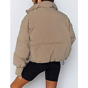 UANEO Puffer Jacket Womens Oversized Cropped Puffy Quilted Winter Jackets Coat (Khaki-S)