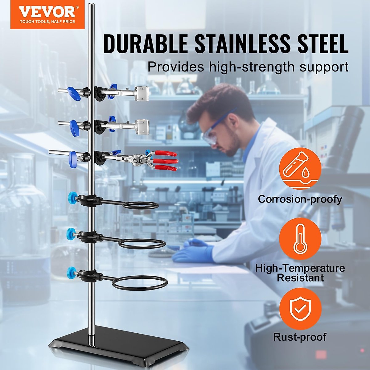 VEVOR Laboratory Grade Metalware Set - Support Stand Premium Iron Material Laboratory Stand Support Lab Clamp Flask Clamp Condenser Stand 60cm