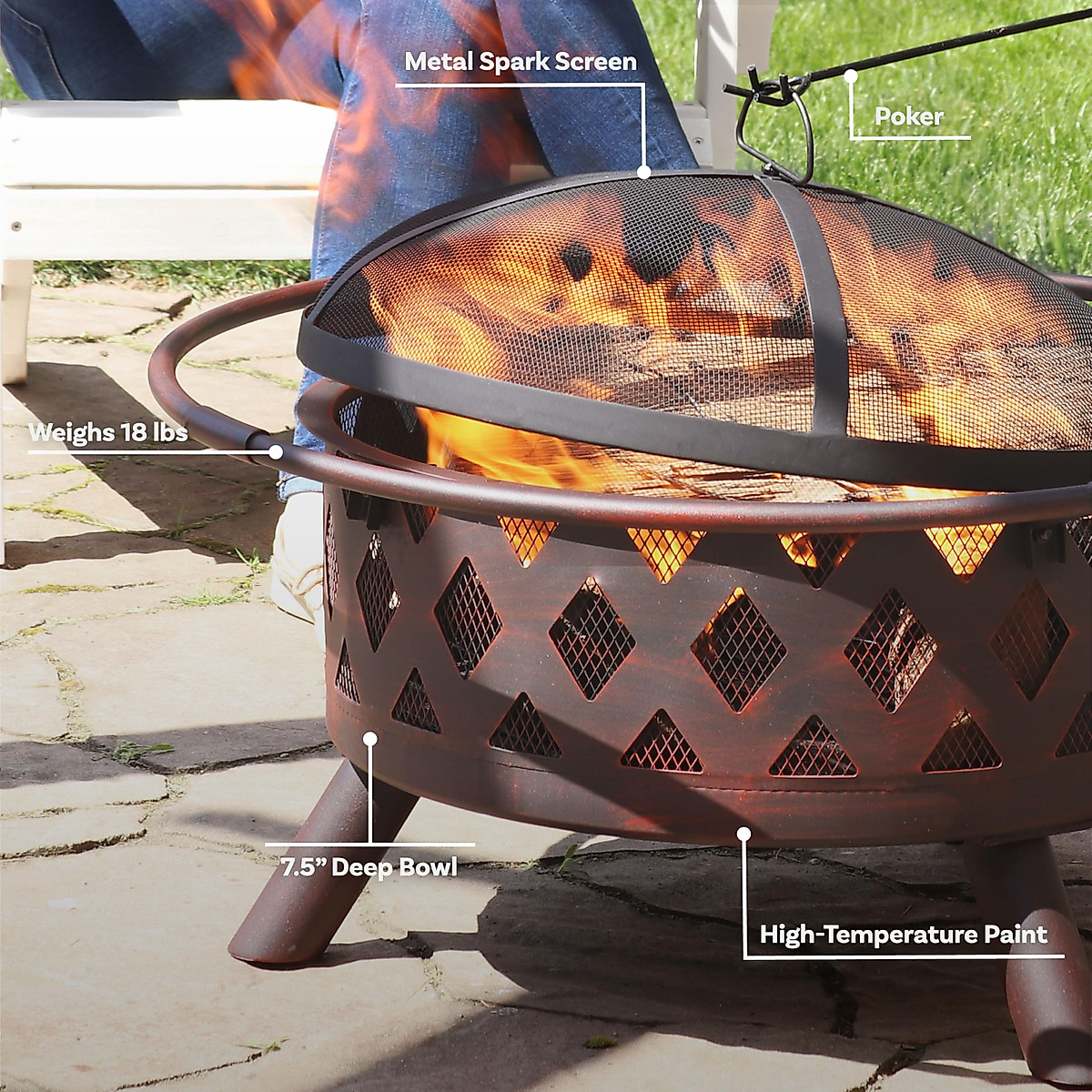 Sunnydaze Crossweave Outdoor Fire Pit - Wood-Burning Fire Pit for Outside with Spark Screen, Poker and Round Cover - 30-Inch - Bronze