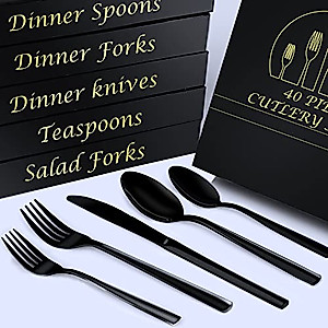 Black Silverware Set, Flatware Set for 8 40 Piece Premium Stainless Steel Square Cutlery Set Include Fork Spoon Knife Kitchen Tableware Utensil Set, Smooth Thickened Edge Mirror Polished, Briout