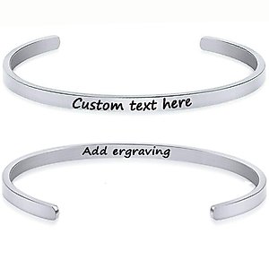 PDTJMTG Personalized Bracelet for Women Sterling Silver Custom Text Bangle (Silver (White gold plated copper))