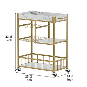 aboxoo Bar Cart 3 Tiers Removable Storage Tray with Wine Rack & Basket Tier,Rolling Beverage Cart,Mobile Bar Serving Cart with Handle, White Marble Wood and Gold Frame Home Kitchen Shelf for Party