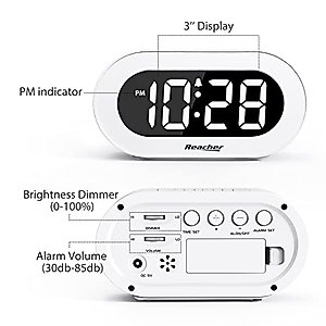 REACHER Small LED Digital Alarm Clock with Snooze, Simple to Operate, Full Range Brightness Dimmer, Adjustable Alarm Volume, Outlet Powered Compact Clock for Bedrooms, Bedside, Desk, Shelf(White)