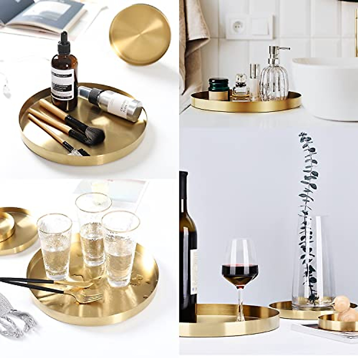 Gold Round Trays, Stainless Steel Metal Serving Tray, Home Decorative Bathroom Vanity Counter Top Organization Storage Tray for Jewelry/ Cosmetic/ Kitchen Tableware