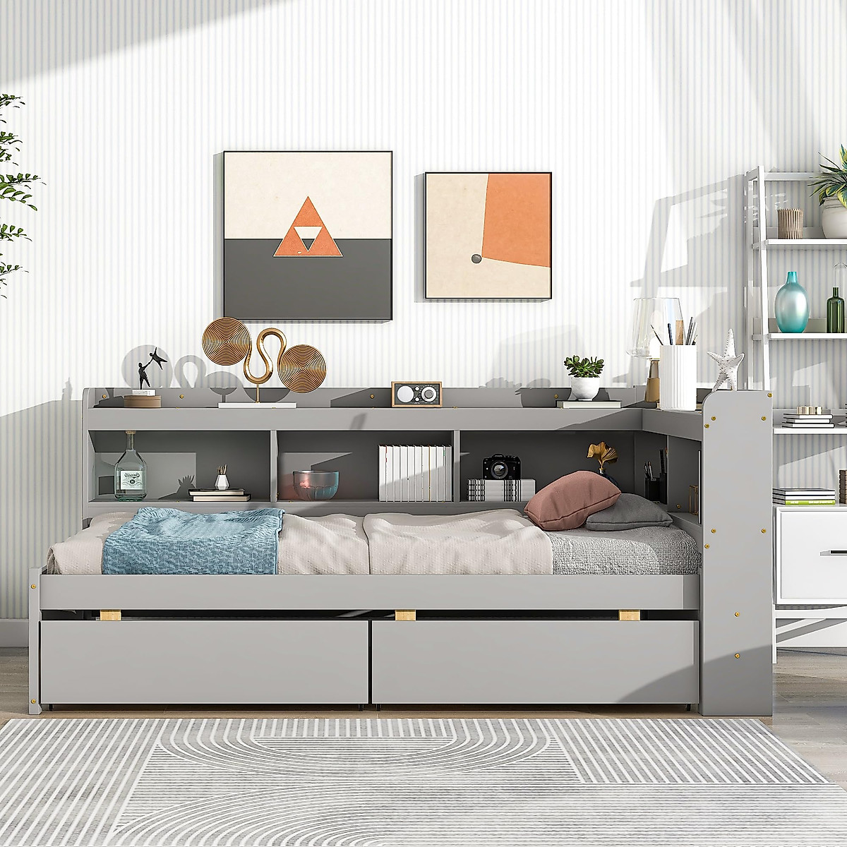DNChuan Twin Size L-Shaped Corner Daybed with Bookcase Headboard,Captains Bed with Underneath Storage Drawers for Kids Adults,No Box Spring Needed,Grey