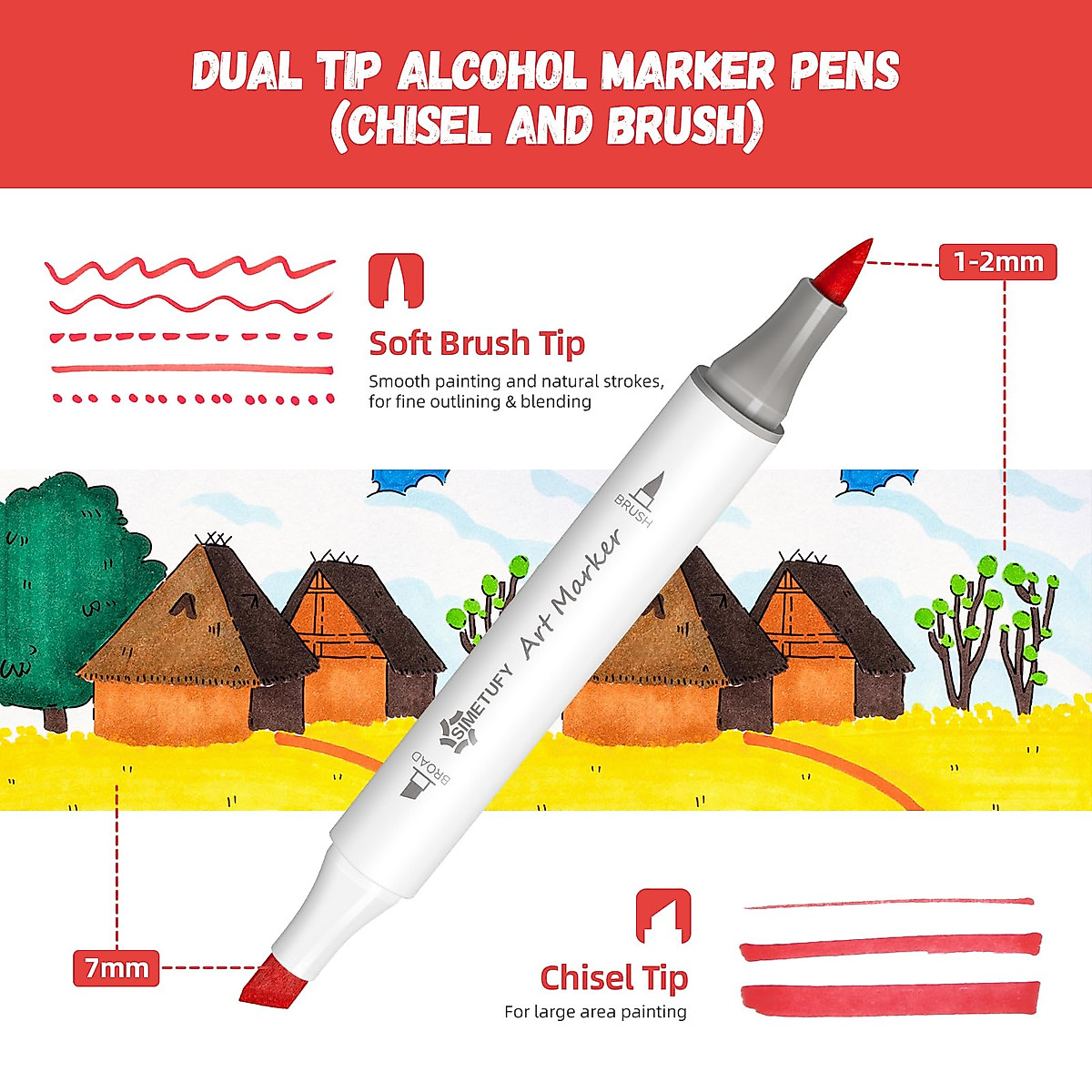 Simetufy 36 Colors Alcohol Markers Brush and Chisel Dual Tip, Coloring Alcohol Markers Set for Coloring Books Drawing Supplies, Basic Bright Colors