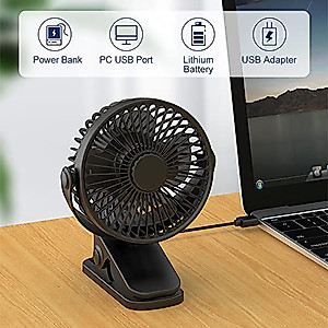 Ideapro 6 inch Portable Clip on Fan, Battery Operated USB Fan, Small Desk Fan with 3 Speeds, Strong Clamp, 360°Rotate Personal Fan for Office Home Dorm Stroller(Black)…