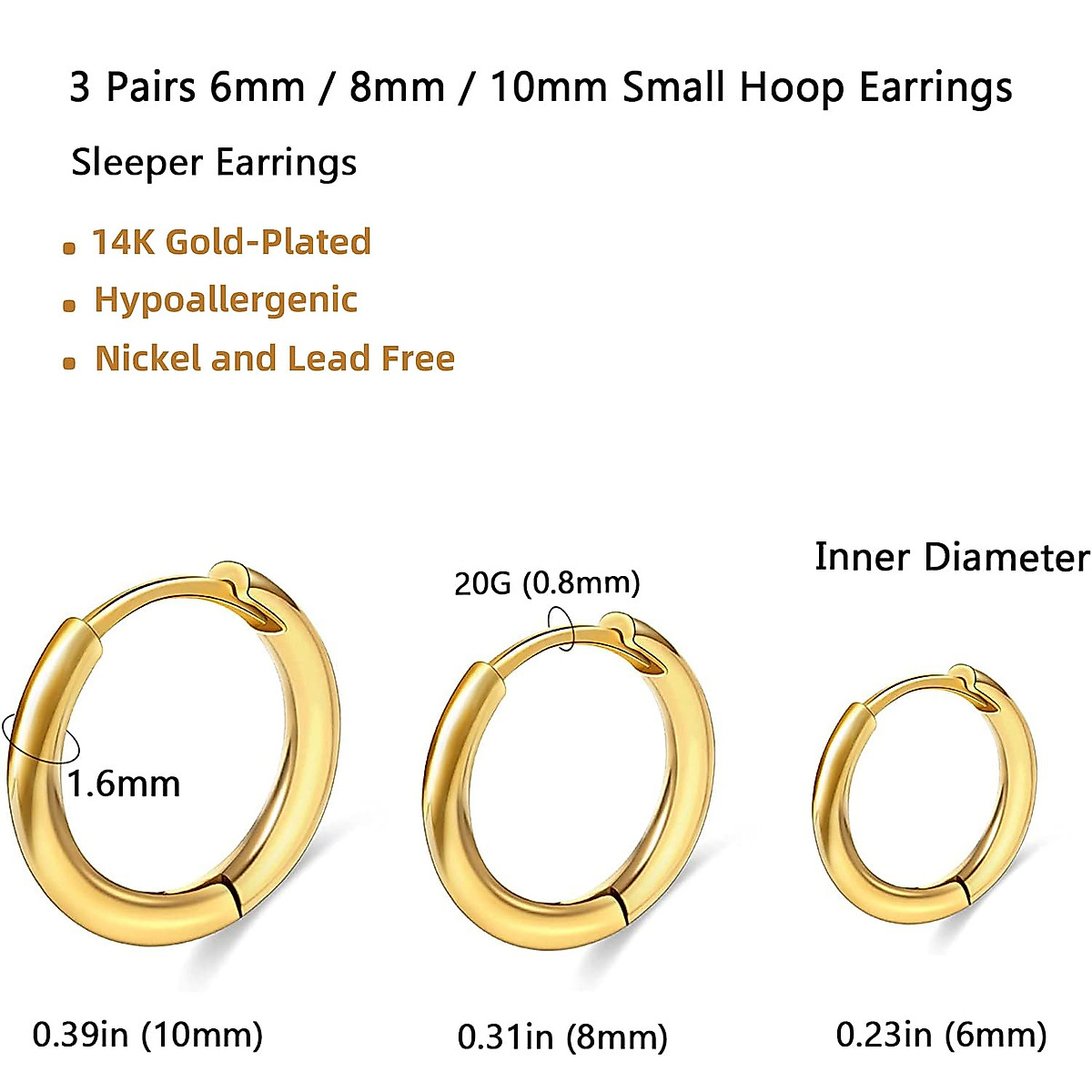 Small Gold Huggie Hoop Earrings,Cartilage Hoops Earrings,Helix Hoops,Tragus Hoop Earrings,6mm/8mm/10mm 14K Gold-Plated Surgical Stainless Steel Hoop Earrings Hypoallergenic for Body Piercing (Gold-3Pairs)