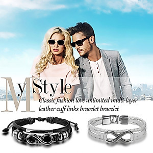 OIDEA Leather Braided CZ Endless Love Infinity Link Bracelets for Men Women,Black White