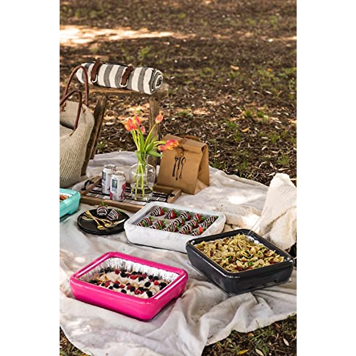 Fancy Panz Classic, Dress Up & Protect Your Foil Pan, Made in USA, Fits Half Size Foil Pans. Foil Pan & Serving Spoon Included. Hot or Cold Food. Stackable for easy travel. (Hot Pink)