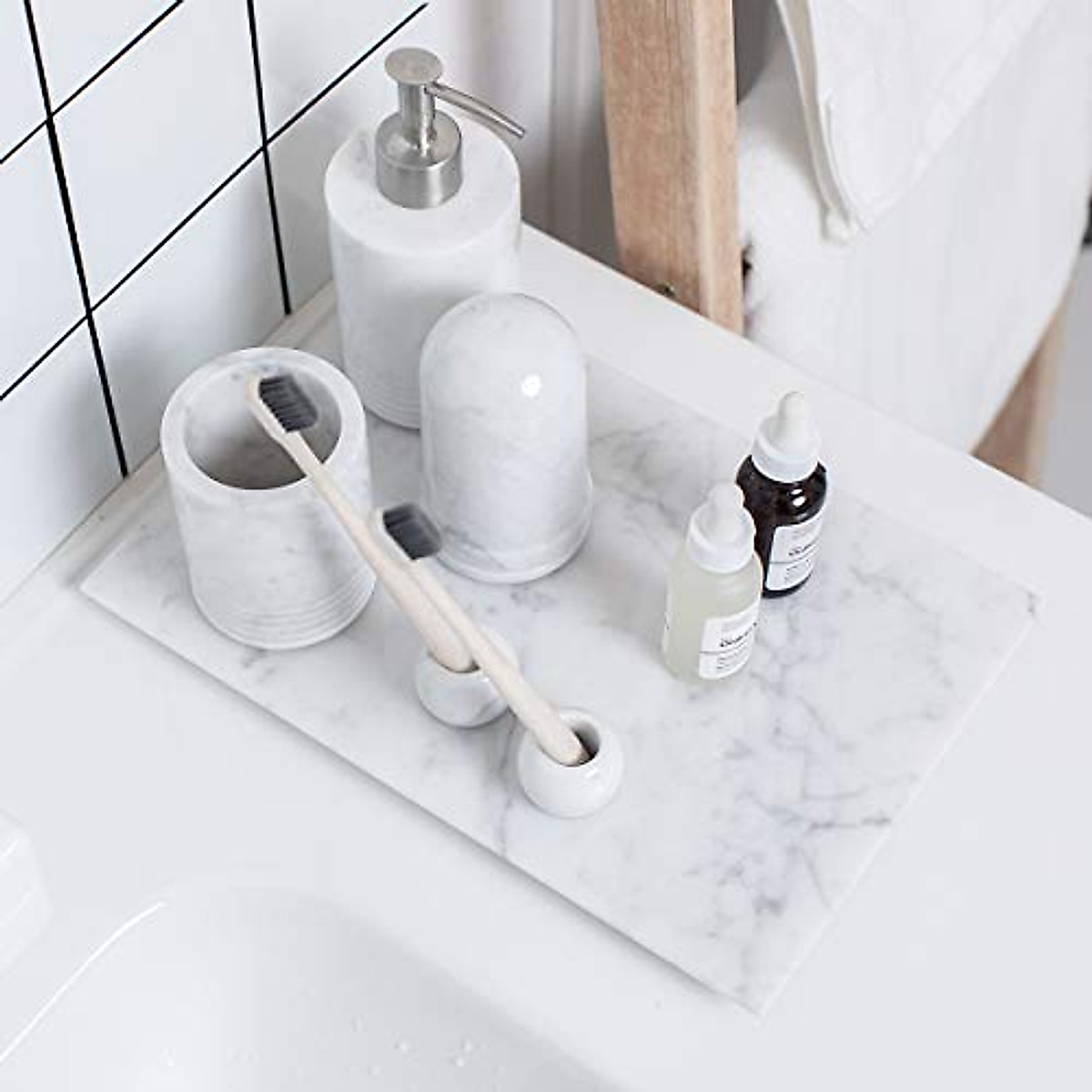 JIMEI Marble Rectangular Vanity Tray for Bathroom – Marble Kitchen Serving Tray for Coffee, Cheese, Pastries, Bread – Jewelry Storage Organizer Decorative Tray for Dresser, nightstand or Desk