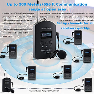 EXMAX EX-200N UHF Wireless Tour Guide System Hands-free Transmitter Receiver 200 Channels for Church Translation, City Museum Tour, Equestrian Training, hajj - 1 Transmitter & 6 Receivers