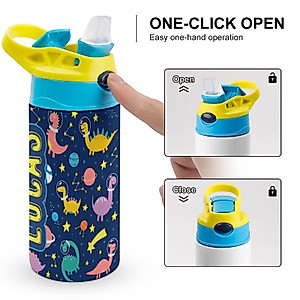 Artsadd Kids Water Bottle with Name-Custom Dinosaur Water Bottle with Straw-Personalized Gift for Kids Boys-Customized Name Insulated Stainless Steel Tumbler for School Gifts-16.9oz