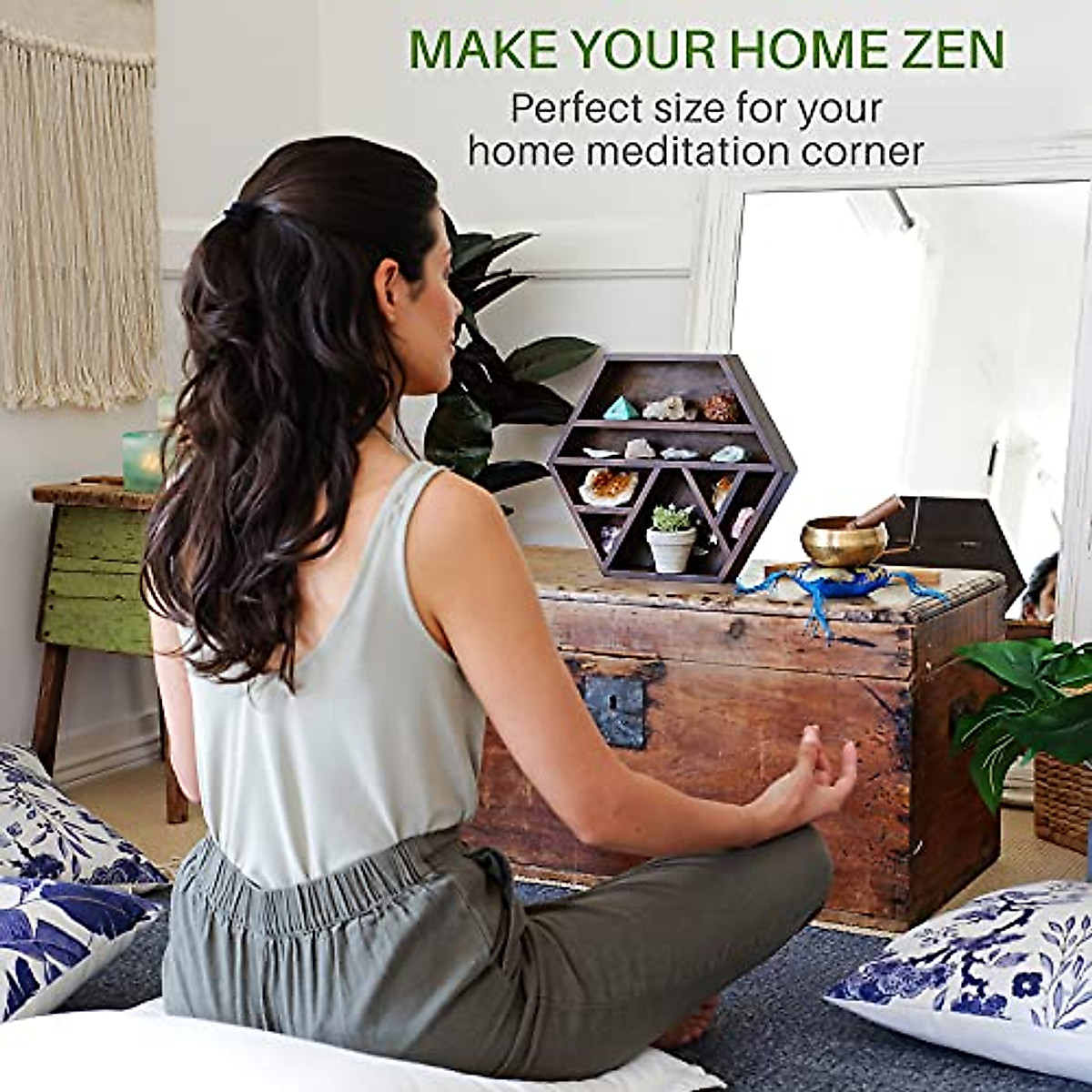 ENSO SENSORY Tsuki Crystal & Rock Display Shelf - Hexagon Floating Wall Shelves with Cresent Moon Design for Rocks, Crystals, Oils, Stones, Plants - Honeycomb Geometric Shape Home Decor