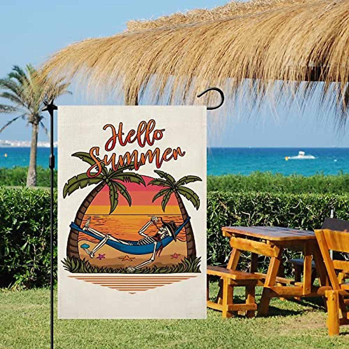 CMEGKE Hello Summer Garden Flag Cool Skull Skeleton Summer Yard Flag Pool Signs Summer Garden Flag Beach Party Vertical Double Sided Burlap Party Holiday Yard Home Farmhouse Outside Decor 12.5 x 18 In