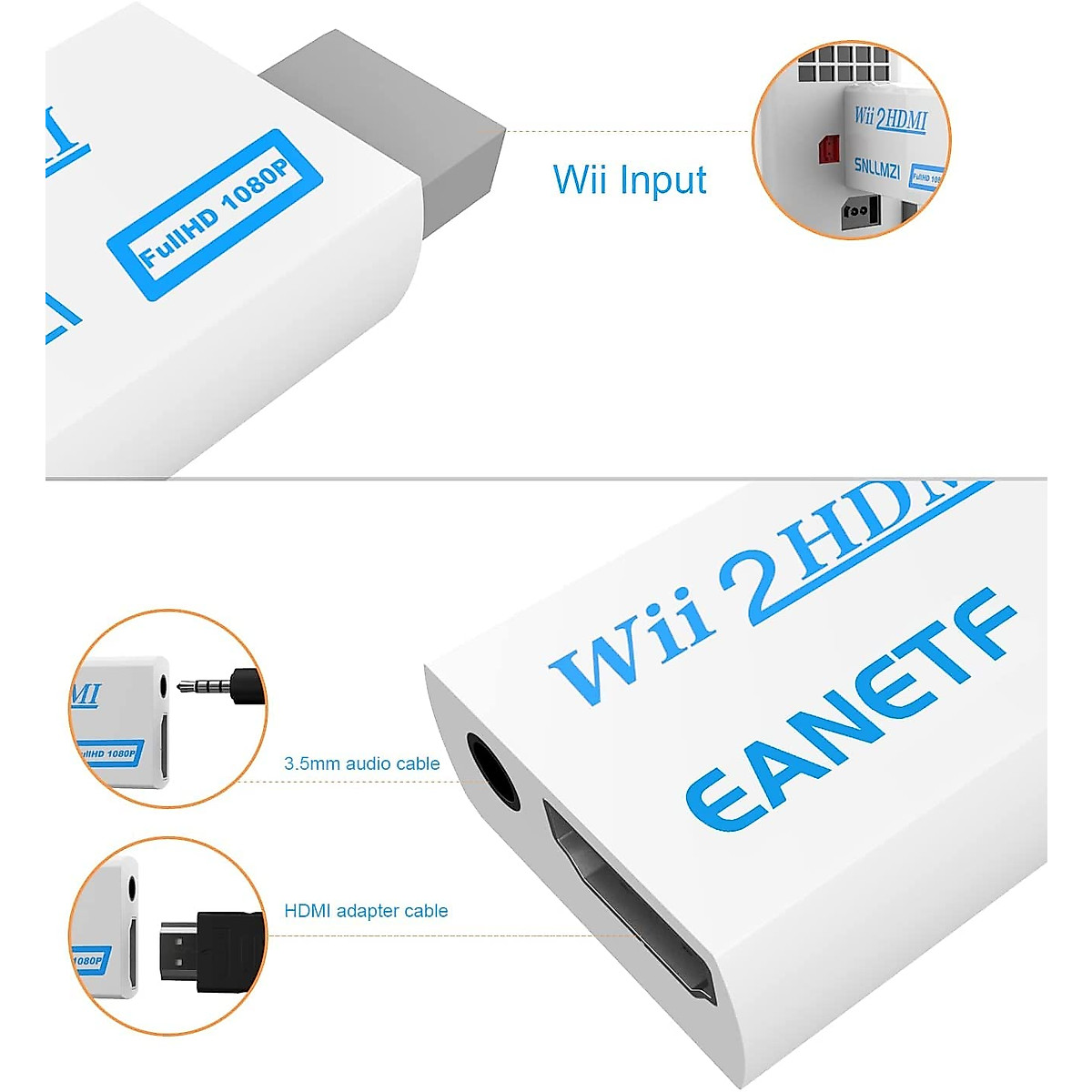 Eanetf Wii to HDMI Converter, Wii to HDMI 1080P with 5ft High Speed HDMI Cable Wii2 HDMI Adapter Output Video&Audio with 3.5mm Jack Audio, Support All Wii Display 720P, NTS