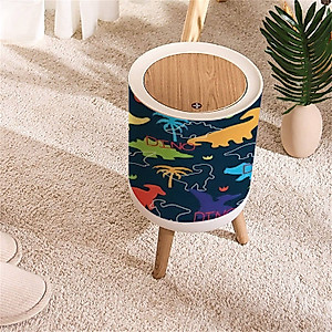 KCDCYCZEAL Small Trash Can with Lid Seamless Colorful Dinosaurs Dinosaur Silhouette Round Recycle Bin Press Top Dog Proof Wastebasket for Kitchen Bathroom Bedroom Office 7L/1.8 Gallon