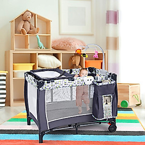 HONEY JOY Portable Baby Playard, 3-in-1 Pack and Play with Infant Bassinet, Diaper Changer & Toy Bar, Lockable Wheels, Toddler Play Yard w/Carry Bag Gray