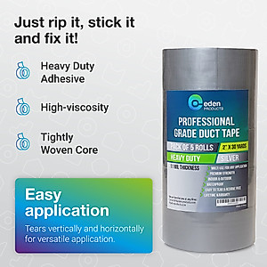 EdenProducts Duct Tape Heavy Duty Waterproof Bulk 5 Pack, Strong Industrial Max Strength Gray Tape Multi Roll Pack, Silver 30 Yards x 2 Inches, Indoor & Outdoor Use, No Residue, Tear by Hand
