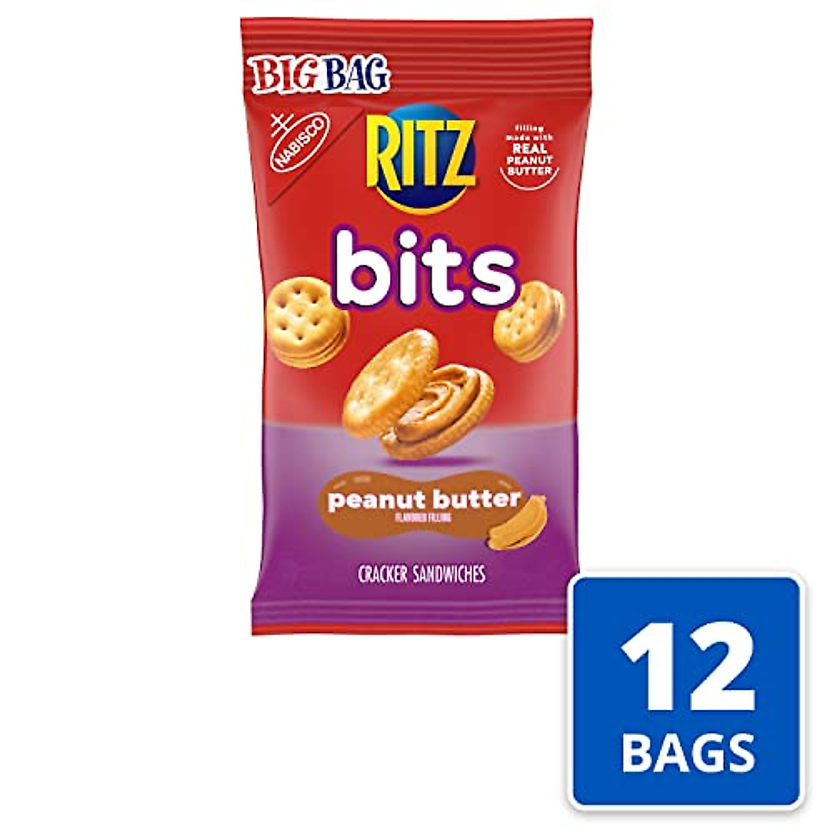 RITZ Bits Peanut Butter Cracker Sandwiches, Big Bag, 3 Ounce (Pack of 12)
