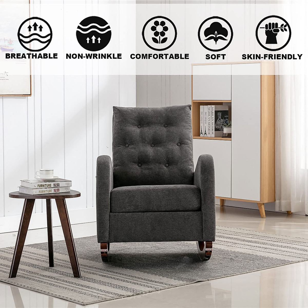 Rocking Chair Modern,Upholstered Glider Rocker Chair for Nursery,Comfy Armchair with Side Pocket for Living Room (Dark Grey)