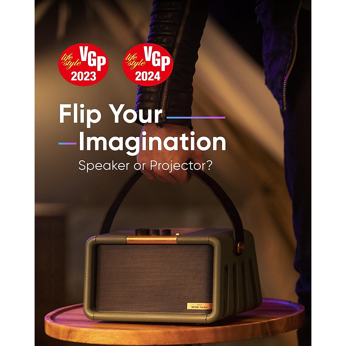 NOMVDIC X300 Smart Portable Projector,16W Harman Kardon Speakers, 1080P FHD Video Projector, 300 ANSI Outdoor Movie Projector, Wireless WiFi & BT, 110" Big Screen, Battery Built-in 6H Music/ 3H Video