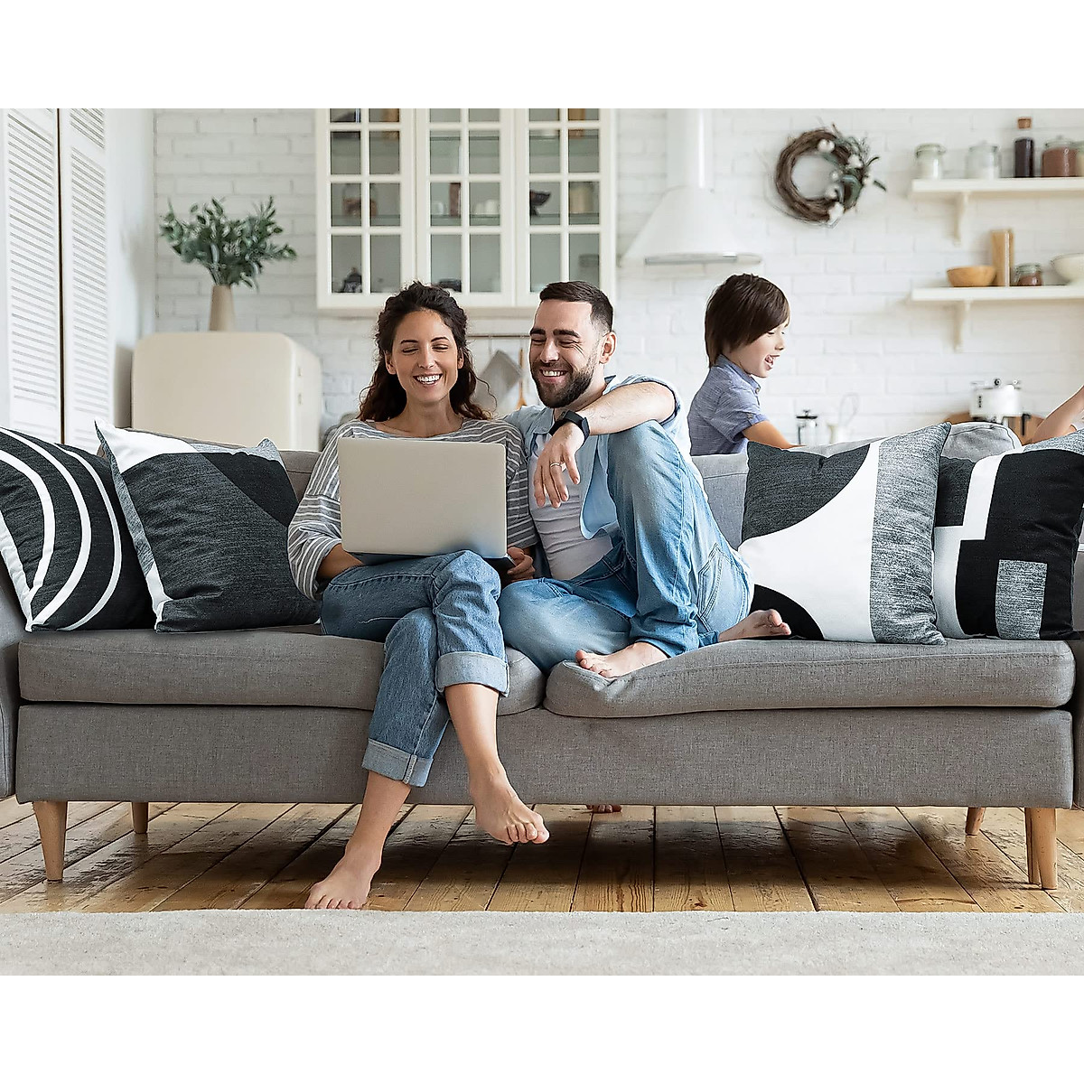 Whim-Wham Set of 4 Black and White Decorative Pillow Covers Gray Silver Boho Throw Pillows for Couch Abstract Geometric Modern Pillowcases 18x18 inches for Bed Bedroom.