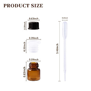 HWASHIN 50 Pack 1ml (1/4 Dram) Amber Mini Glass Essential Oils Sample Bottles with Black Caps for Essential Oils, Perfumes & Lab Chemicals (30ml Measuring Cup and 3 Droppers Included)
