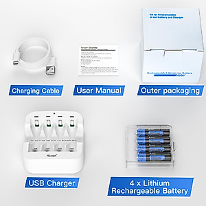 Hixon 1.5V AAA Rechargeable Lithium Batteries,4-Pack 1100mWh Pre-Charged Triple AAA Li-ion Battery & 1H Ultra Fast Charger for Home and Office Device,1600 Cycles,Constant Output.