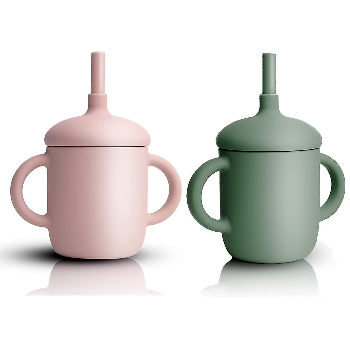 DONGMEI Silicone Straw Cup, silicone sippy cups for baby, 100% Soft Silicone Straw Trainer Cup For Infant, silicone sippy cup baby, 5 Oz (Pink & Armygreen 2 Pieces)