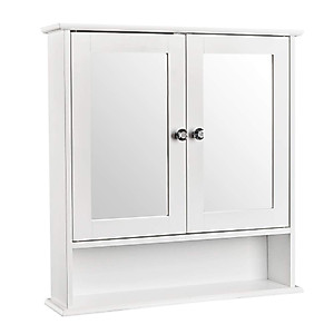 White Bathroom Cabinet - Medicine Cabinet with Mirror - Wall Mounted Bathroom Storage Cabinet - Bathroom Wall Cabinet - Over The Toilet Storage Cabinet - 2 Door Adjustable Shelf and Bottom Fix Shelves