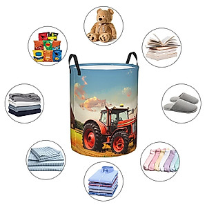 Company Farm Tractor Printed Circular Laundry Basket, Foldable Oxford Cloth Tote Bag Laundry Hamper, Toy Organizer, For Bathroo/Laundry Storage/Bedroom Storage/Medium