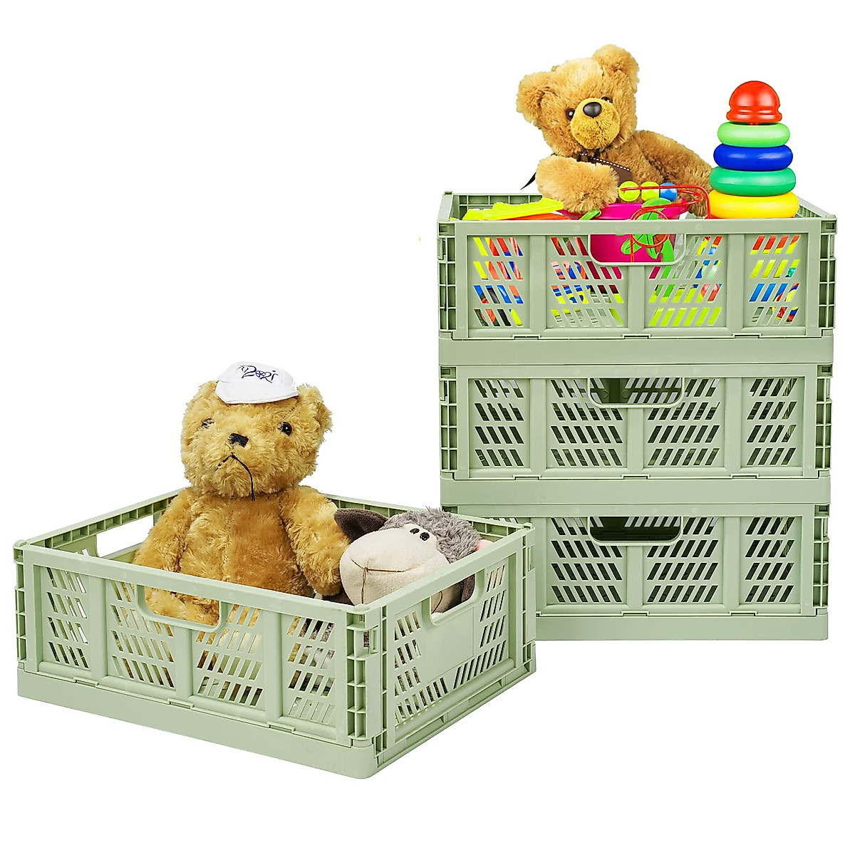 Phyllia 4 Pack Plastic Storage Baskets, Pantry Organizer Basket Bins with Handles, Foldable Storage Baskets for Organizing Shelves Closet Home Kitchen Bathroom Office (Green, 13.3"x10.2"x5.1")