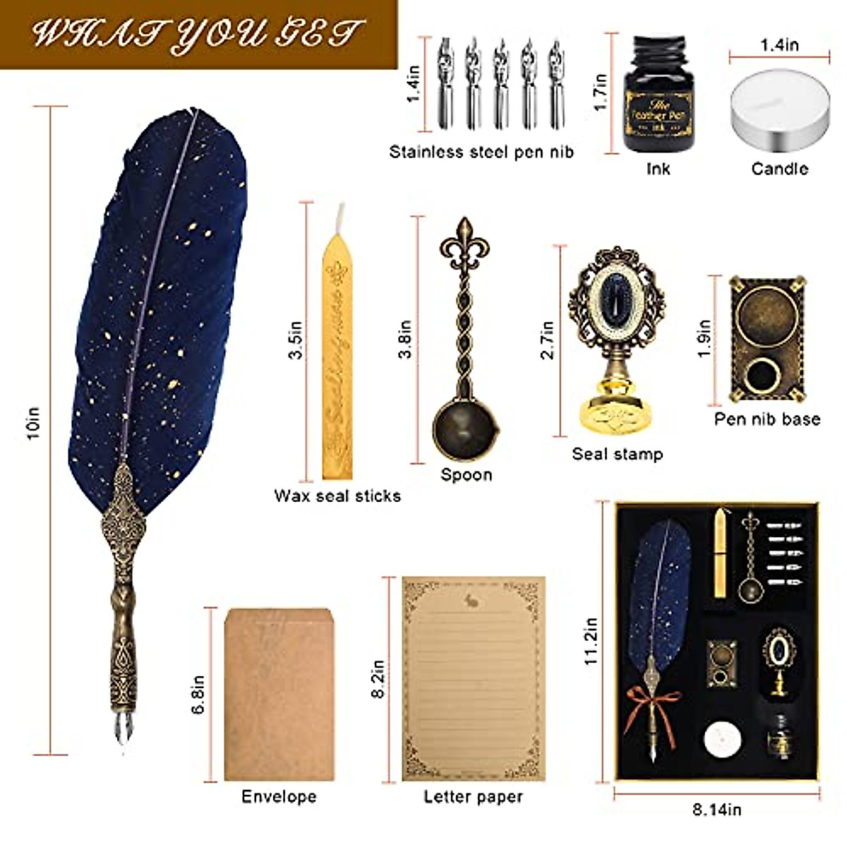 AngleKai Quill Pen and Ink Set, Calligraphy Feather Pen Set with Wax Seal Stamp, Ink, and Wax Seal Sticks, Replacement Nibs, Spoon, Envelope Letter Paper, White Wax, Antique Quills for Gift (Blue)