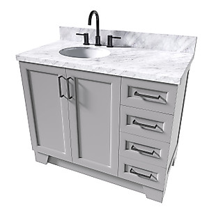 ARIEL 43" Grey Bathroom Vanity with 1.5" Edge Italian Carrara Marble Countertop & Backsplash, Left Oval Sink, 2 Soft Closing Doors, 5 Full Extension Dovetail Drawers, Toe Kick, Matte Black