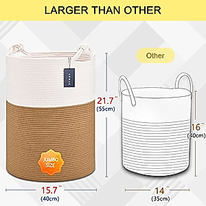 COMSE Extra Large Blanket Basket, Storage Basket, Large Laundry Baskets, 15.7”x 21.7”, Cotton Rope Basket, Blanket Storage for Living Room, Toy Basket, Woven Basket, Clothes Baskets,White/Camel