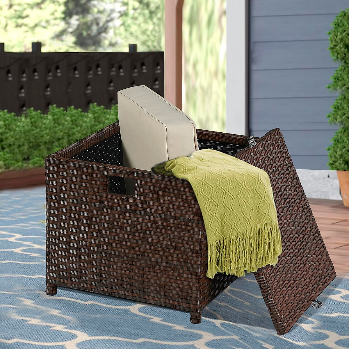 YIYAN 2 Pieces Outdoor Patio Ottomans, PE Rattan Foot Stool with Storage All Weather Outdoor Ottomans Footrest Seat with Removable Cushion(White)