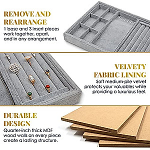Houseables Jewelry Tray Organizer, Stackable Accessories, Storage, 13.8"x 9.5", Grey, 4 Pcs, Earring Box, Adjustable Drawer Insert, Velvet Ring Holder, Bracelet & Necklace Display, Cufflink Case